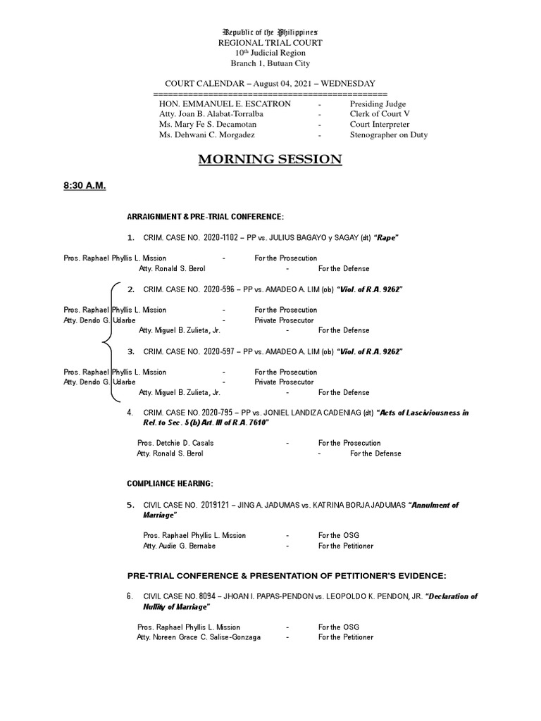 Morning Session: Arraignment & Pre-Trial Conference | PDF | Justice ...