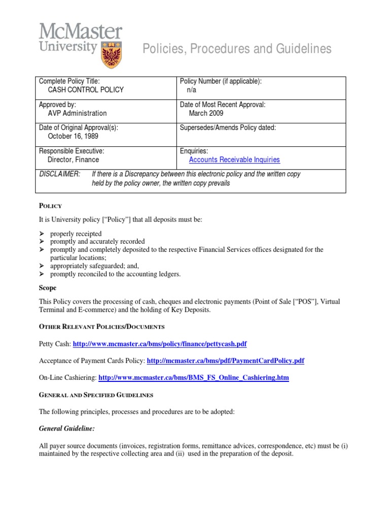 Cash Control Guidelines | PDF | Cheque | Payments
