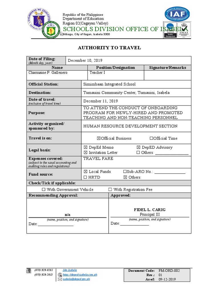 Authority to Travel: Isabela Memo | PDF | Government