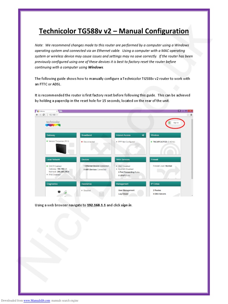 Manual Configuration of a Technicolor TG588v v2 Router for FTTC or ADSL ...