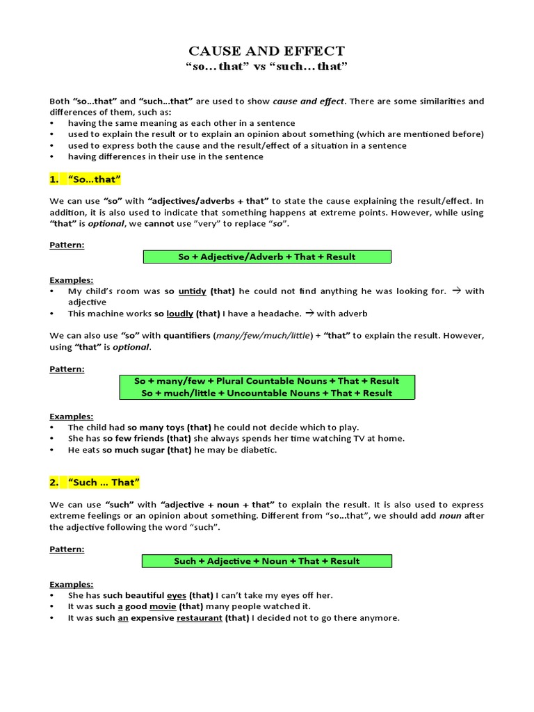 CHAPTER 1 - Cause and Effect (So... That Vs Such... That) | PDF ...