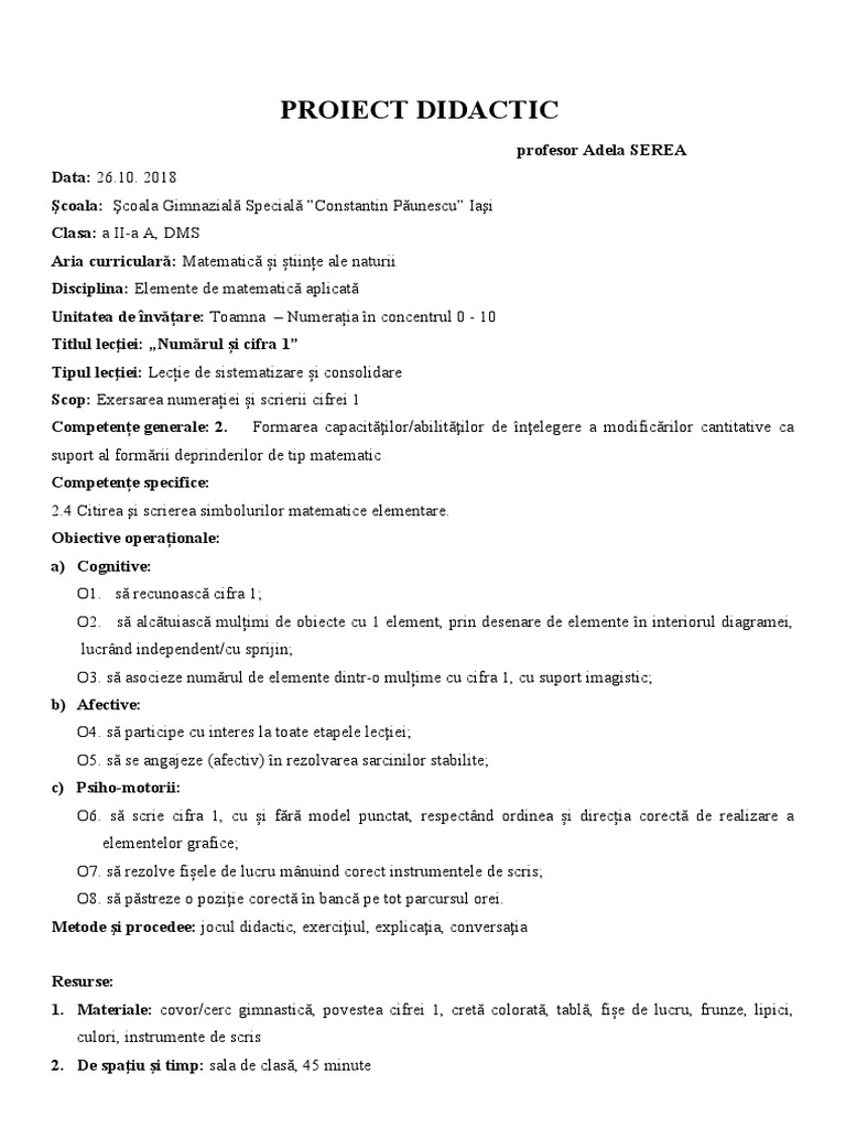 Proiect Didactic Mate Aplicata Numarul Si Cifra 1 A Doua Lectie 26 Oct 2018 | PDF