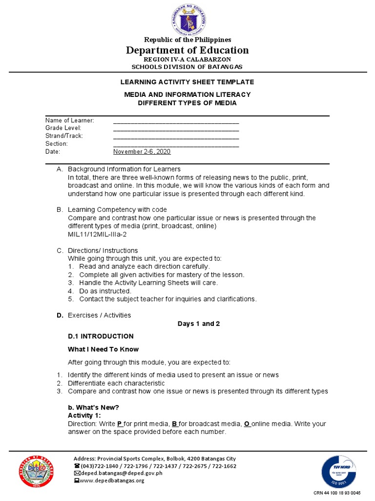 Department of Education: Learning Activity Sheet Template Media and ...