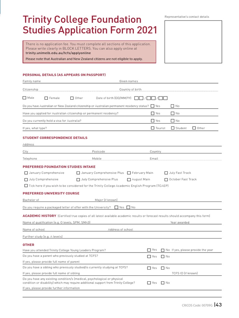 Trinity College Foundation Studies Application Form 2021: Personal ...