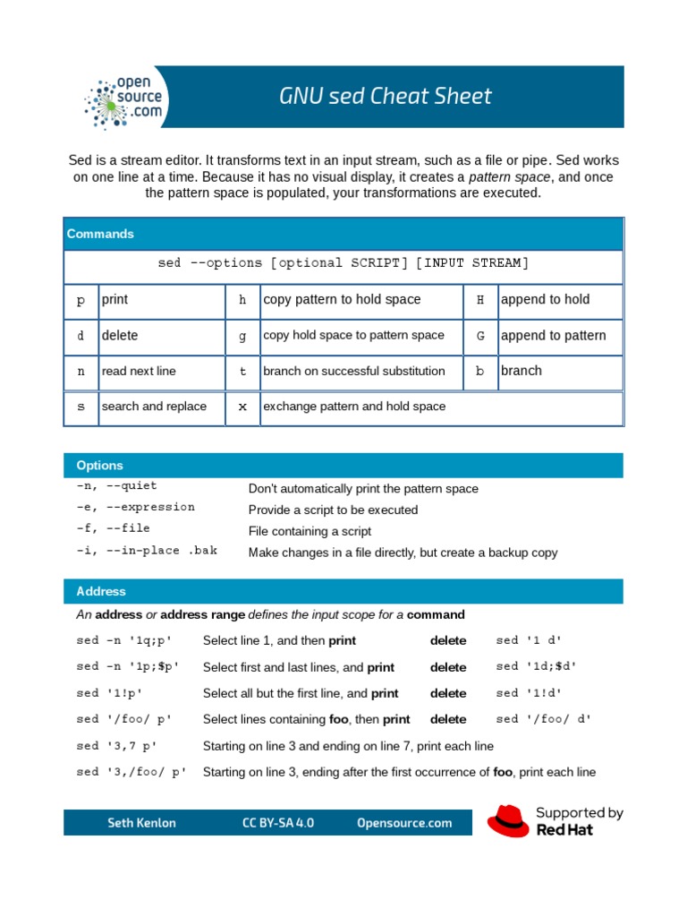 GNU sed Cheat Sheet: Stream Editor Commands and Regular Expressions | PDF | Computing | Unix ...