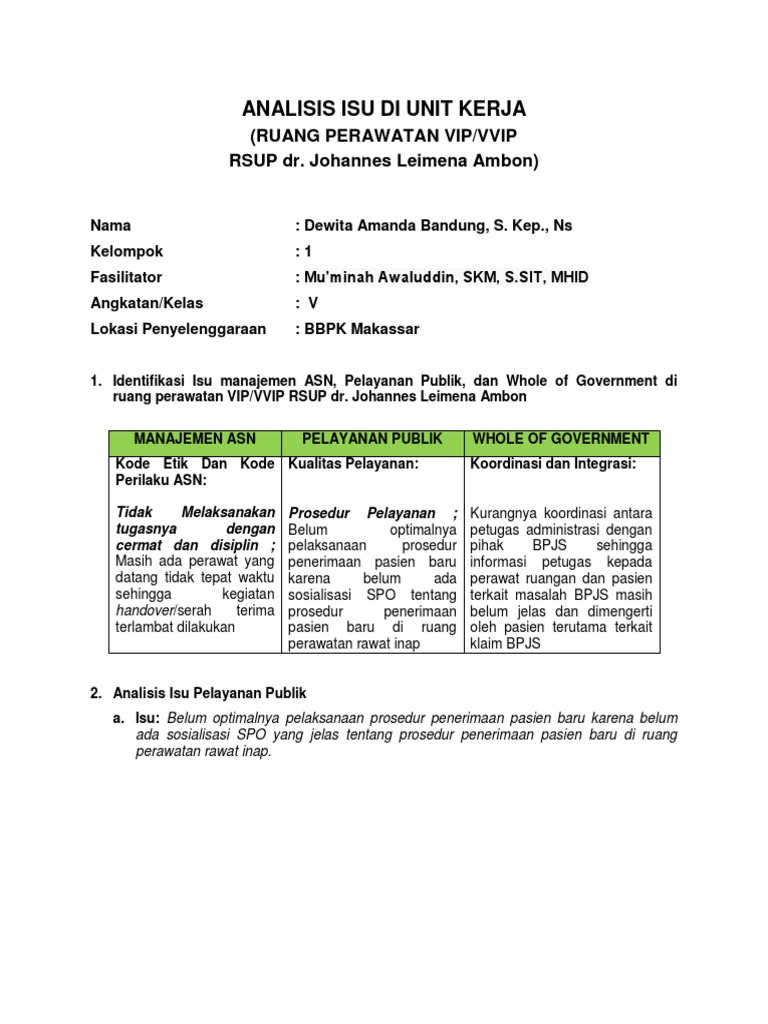 Analisis Isu Di Unit Kerja: (Ruang Perawatan Vip/Vvip RSUP Dr. Johannes ...