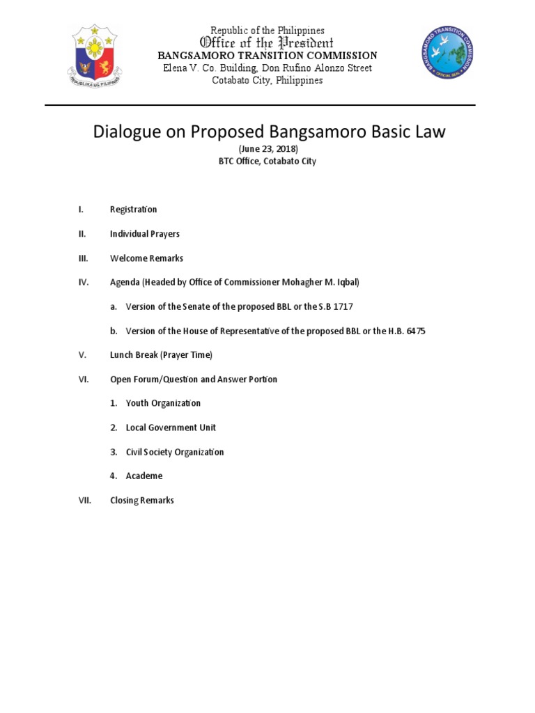 Dialogue On Proposed Bangsamoro Basic Law | PDF