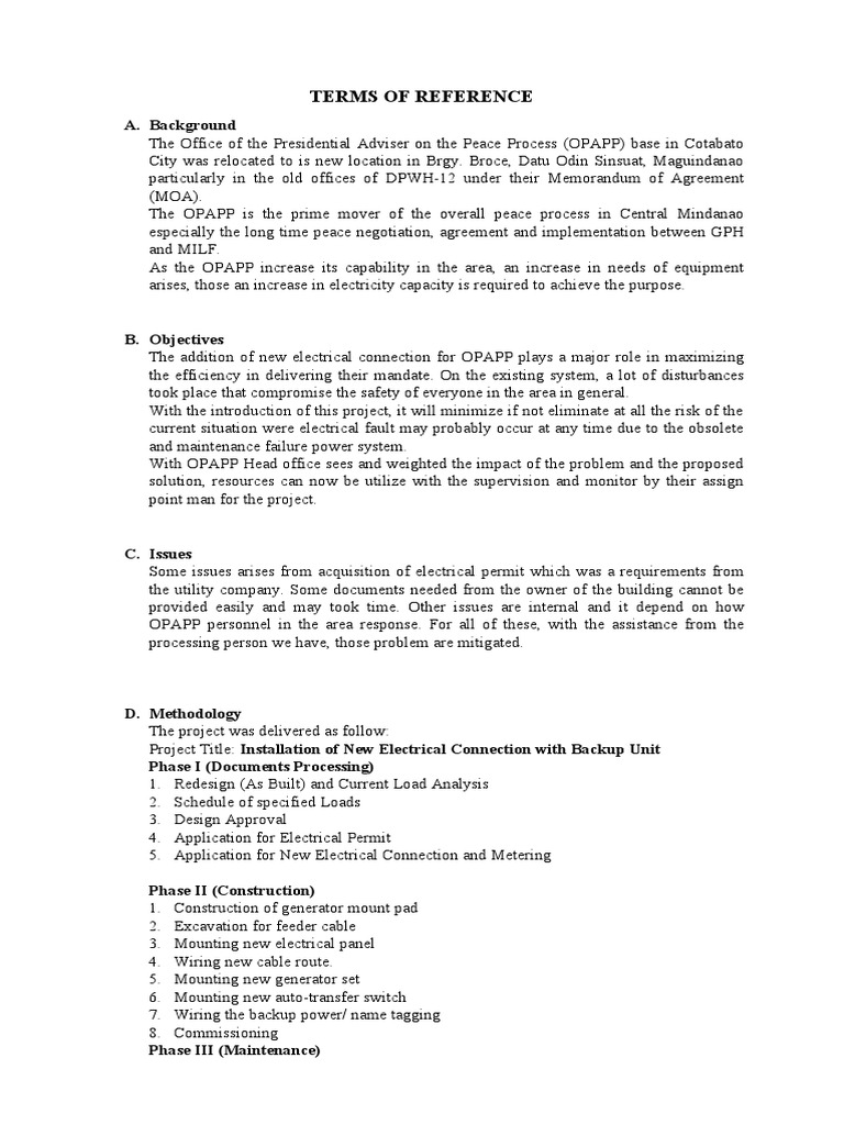 Terms of Reference: A. Background | Download Free PDF | Electrician ...