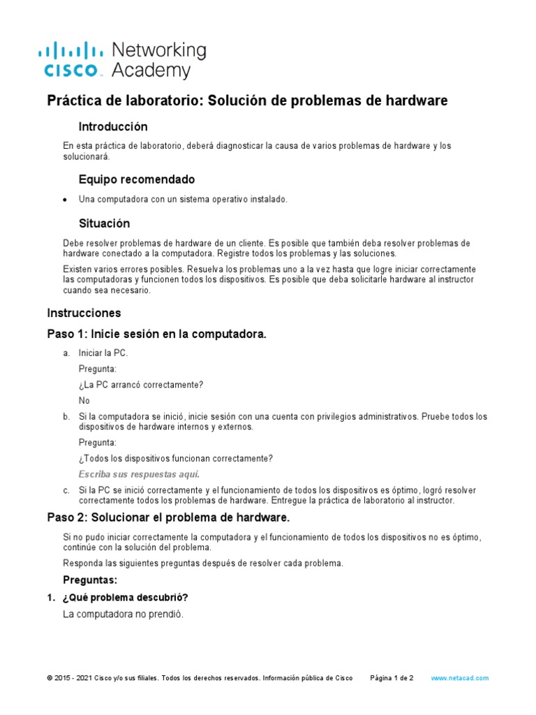 4.2.3.6 Lab - Troubleshoot Hardware Problems | PDF | Hardware de la computadora | Equipo de oficina