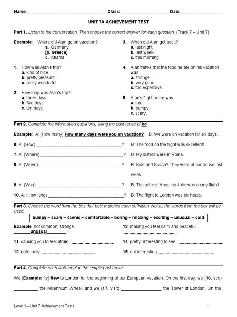Used.: Level 1-Unit 7 Achievement Tests 1 | PDF