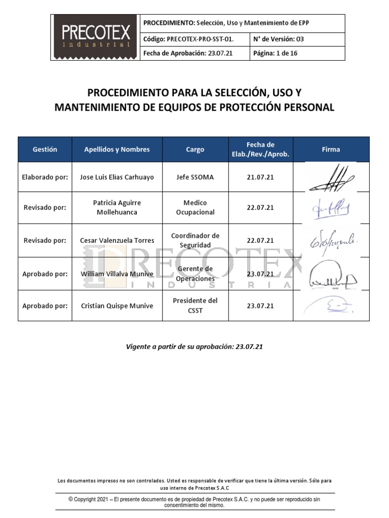 PRECOTEX-PRO-SST-01. Procedimiento de Selección, Uso y Mantenimiento de EPP | PDF | Seguridad y ...