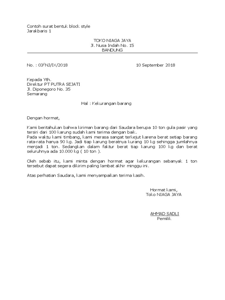 Contoh Bentuk SRT Block Style | PDF