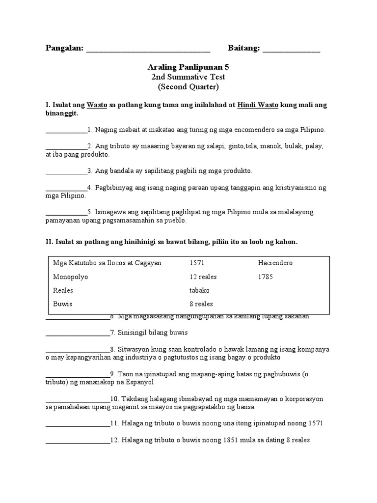 GRADE 5 AP Q2 2nd-Summative | PDF