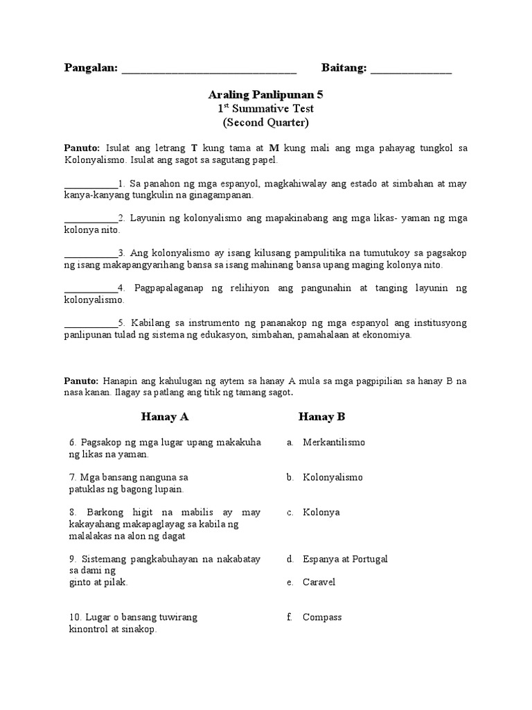 GRADE 5 AP Q2 1st-Summative | PDF