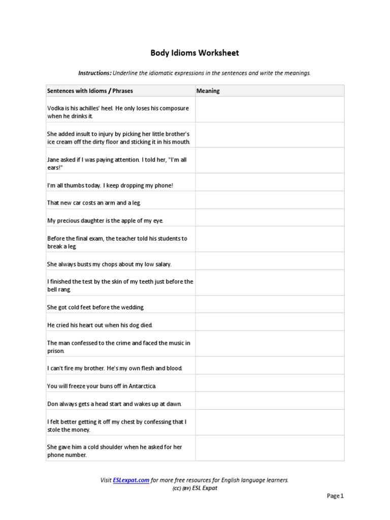 Body Idioms Worksheet B | PDF