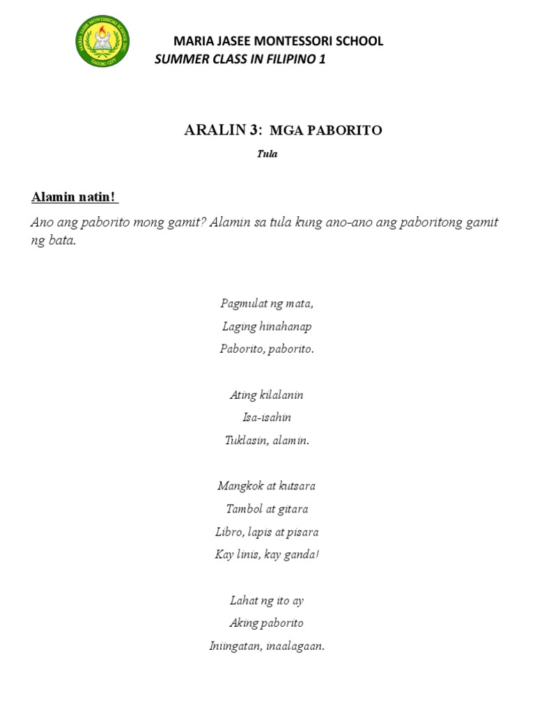 ARALIN 3 Tula Worksheet | PDF