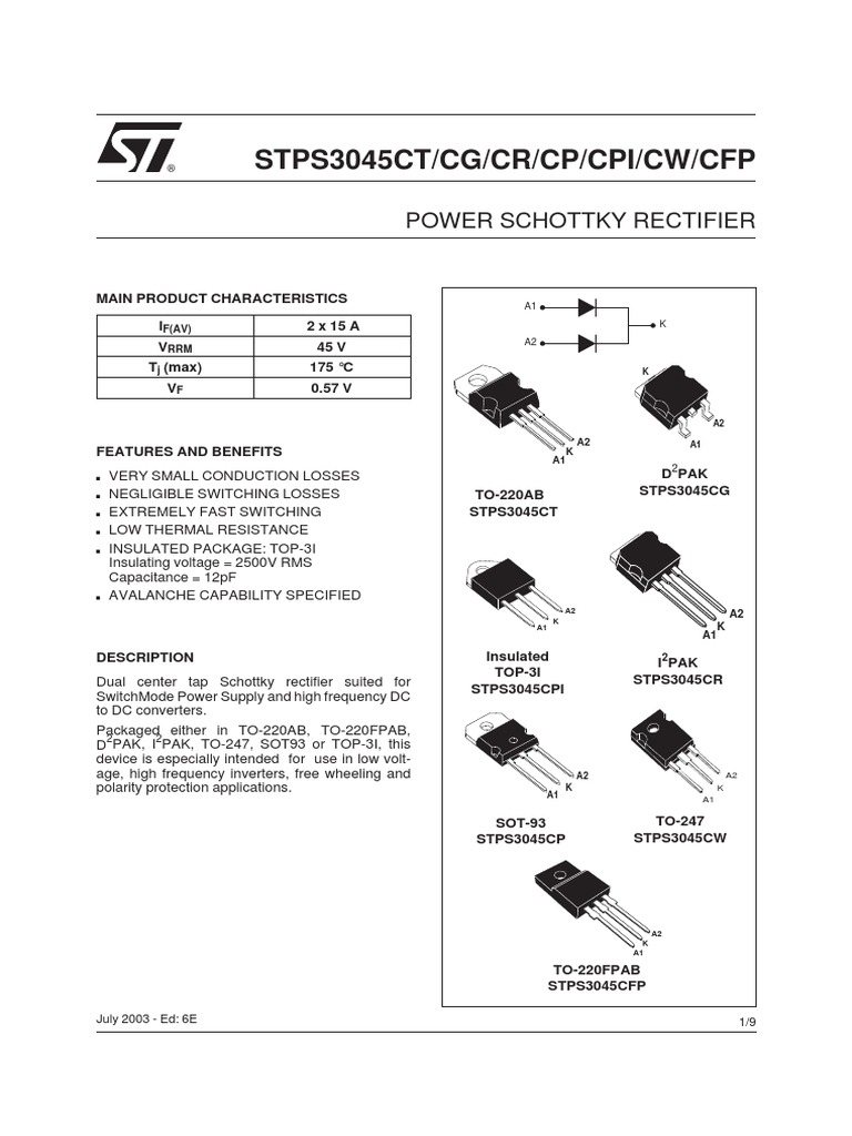 STPS3045CT/CG/CR/CP/CPI/CW/CFP: Power Schottky Rectifier | PDF | Rectifier | Diode
