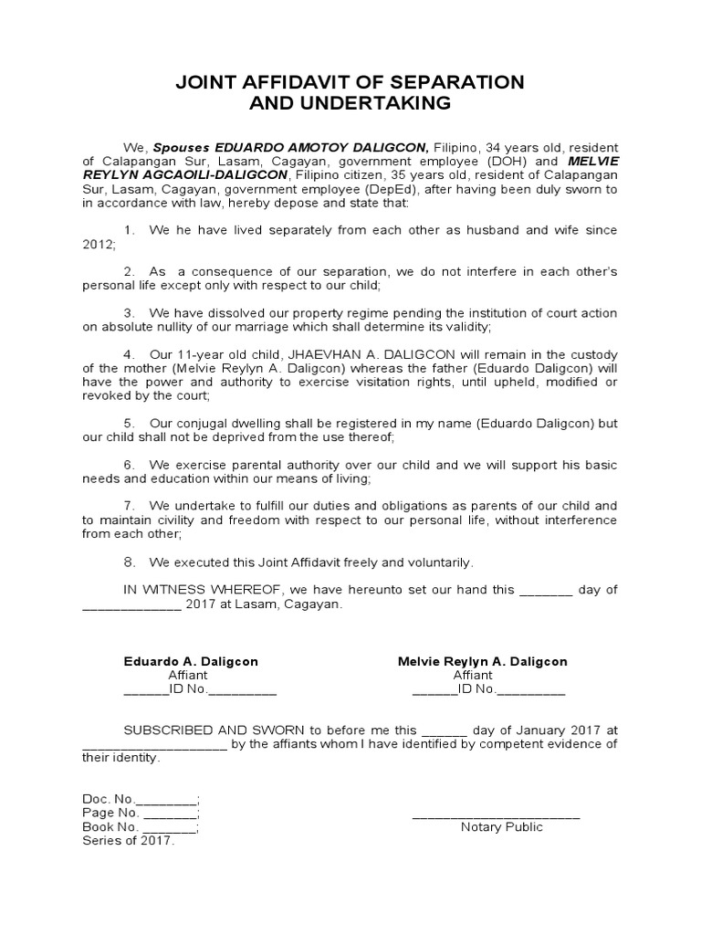 AFFIDAVIT OF SEPARATION - Daligcon | PDF