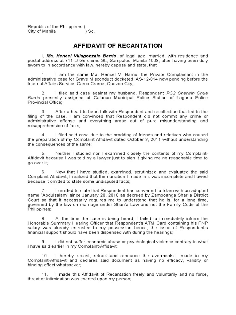 Affidavit of Recantation - Barrio | Download Free PDF | Affidavit ...