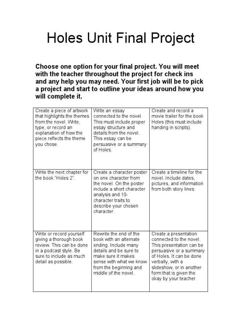 Holes Final Project Choice Board | PDF