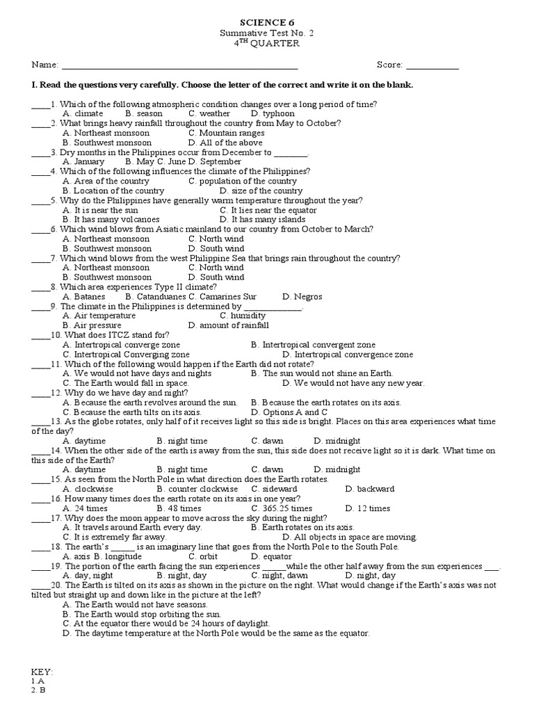 Sci6 ST2 Q4 | PDF | Night | Earth