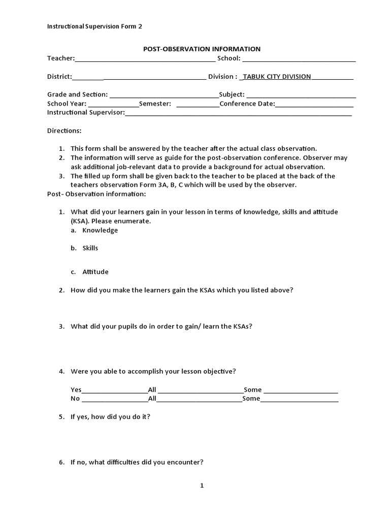 Post-Observation Information: Instructional Supervision Form 2 | PDF ...