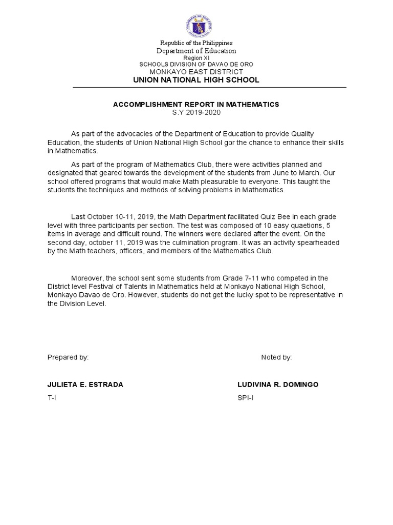 Accomplishment Report in Mathematics | PDF | Mathematics | Learning