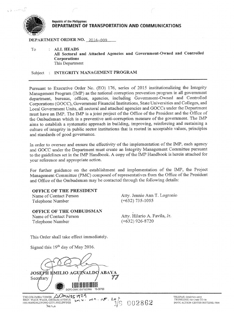 Do No. 2016 - 009 Integrity Management Program | PDF