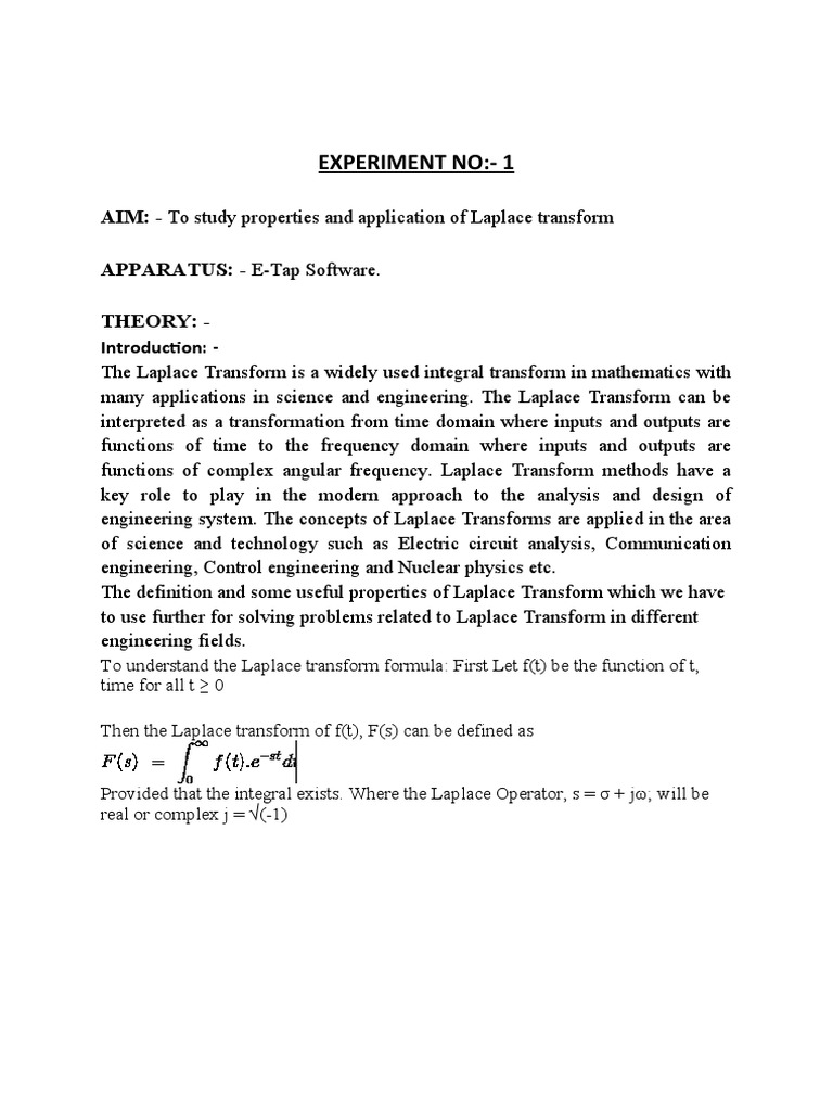 Experiment No:-1: AIM: - Apparatus: - Theory | PDF | Laplace Transform ...