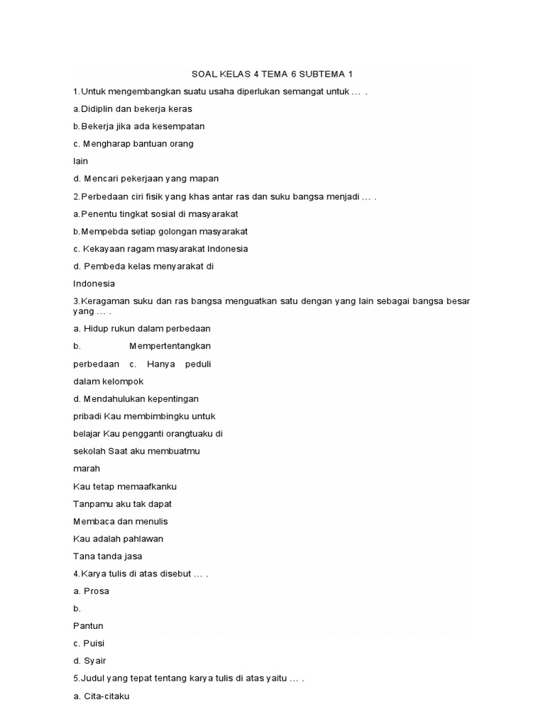 Soal Kelas 4 Tema 6 Subtema 123 | PDF