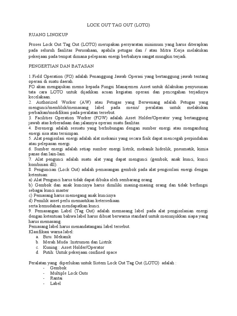 Prosedur Lock Out Tag Out (LOTO) | PDF | Teknologi & Rekayasa