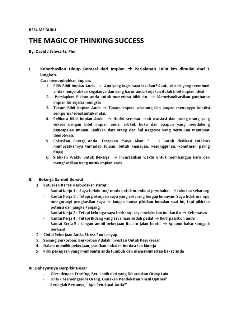 THE MAGIC OF THINKING SUCCESS Resume Book | PDF | Pengembangan Diri