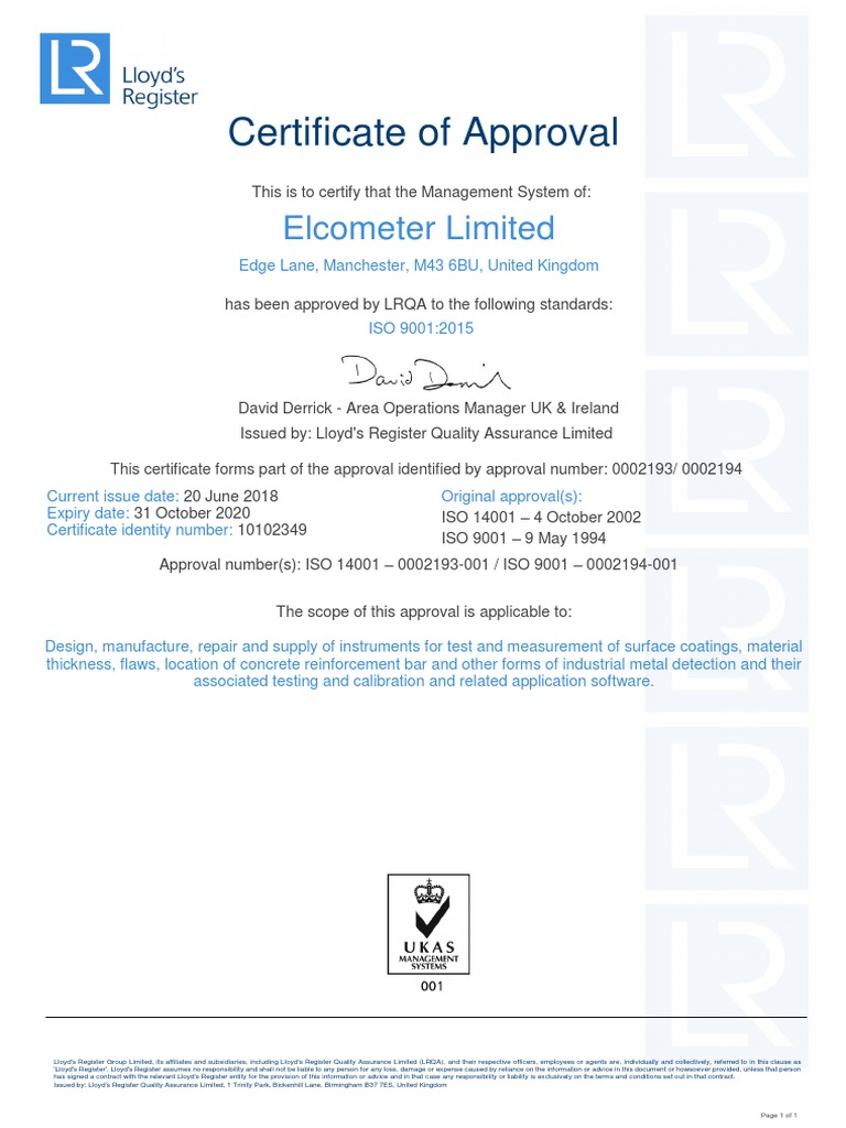 Elcometer 9001 ISO Certificate 2017 | PDF | Iso 9000 | Quality Assurance