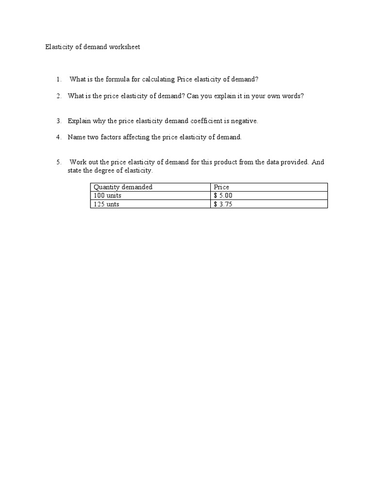 Elasticity of Demand Worksheet | PDF