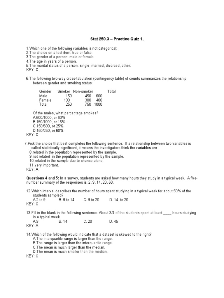 Stat 250.3 - Practice Quiz 1 | Download Free PDF | Mean | Skewness