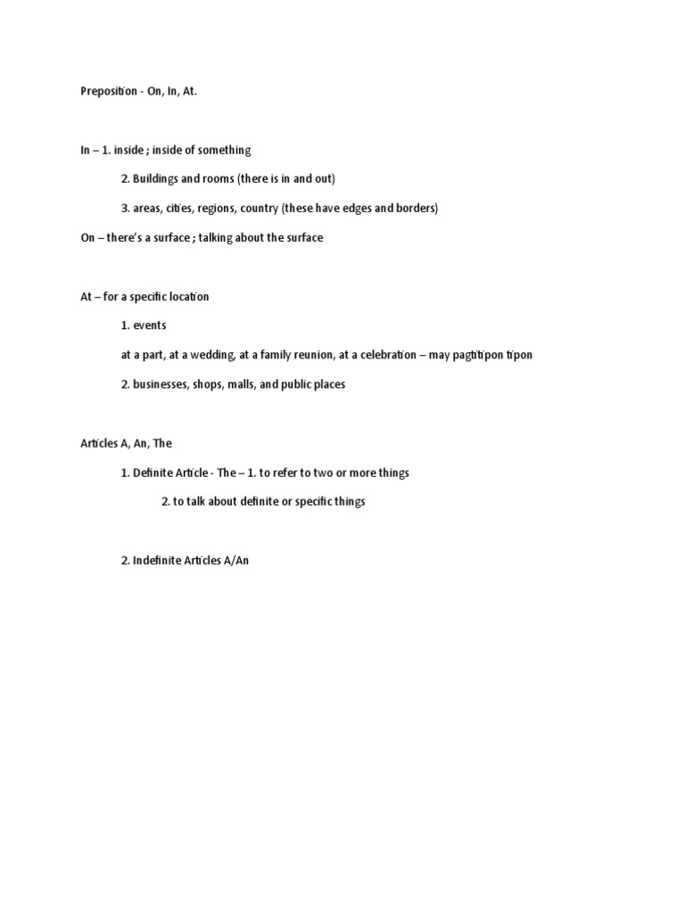 Preposition In, On, at & Articles A, An, The | PDF