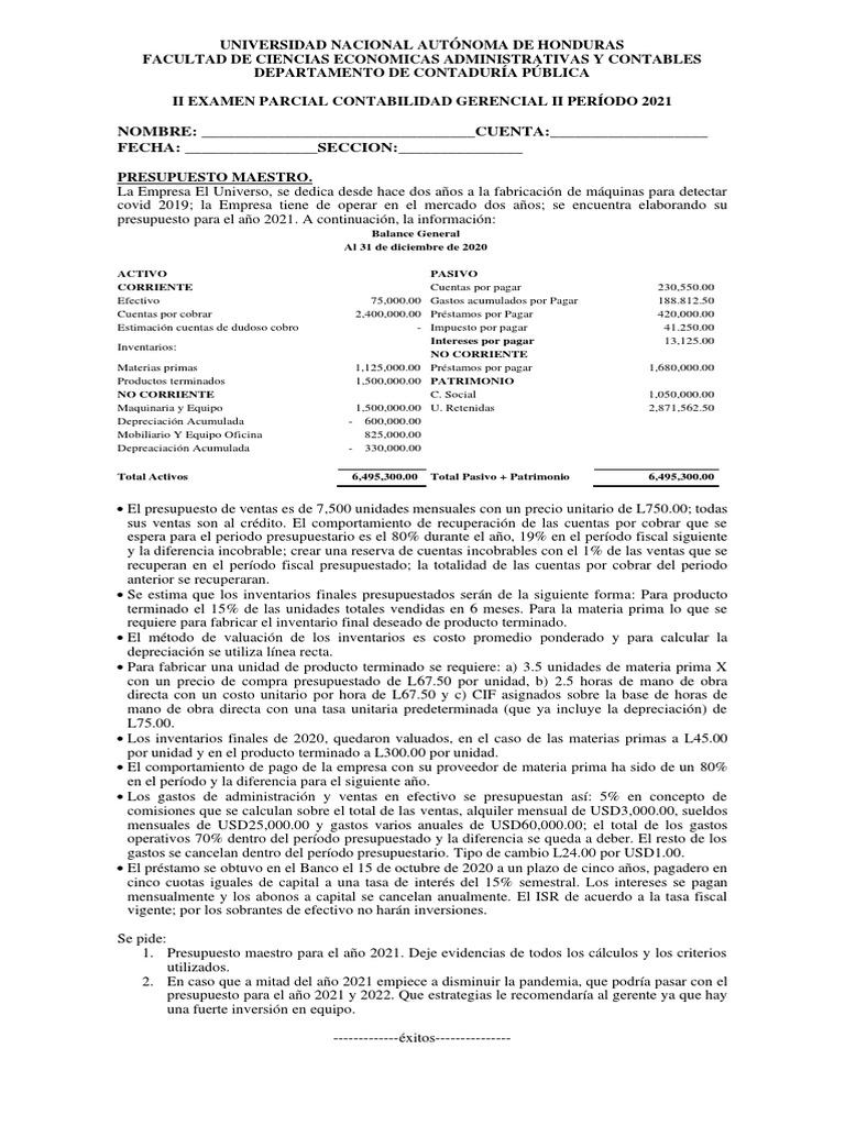 Segundo Examen Parcial Gerencial II Periodo 2021 | PDF | Presupuesto | Contabilidad