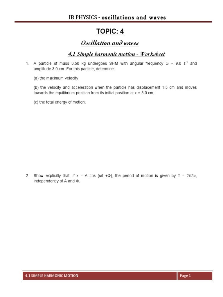 4.1 Simple Harmonic Motion - Worksheet | Download Free PDF ...