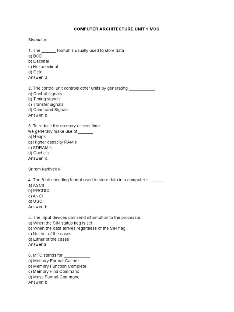 Computer Architecture Unit 1 MCQ | PDF | Central Processing Unit ...