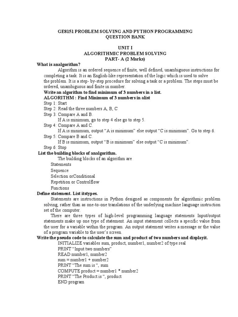 GE8151 PROBLEM-Unit - I | PDF | Algorithms | Iteration