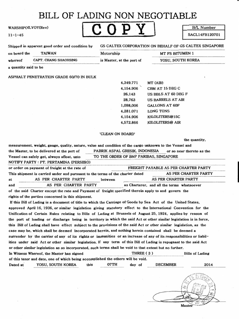 Copyl: Bill of Lading Non Negotiable | PDF | Bill Of Lading | Cargo