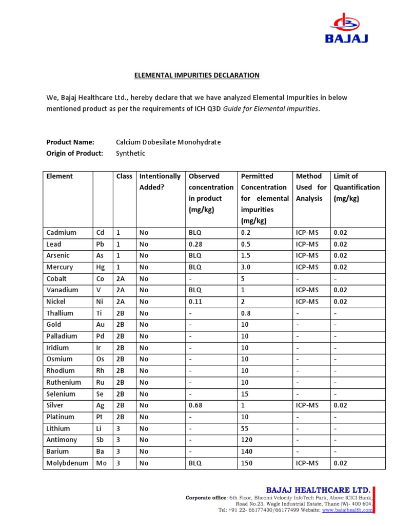 Elemental Impurity Declaration | PDF | Platinum | Transition Metals
