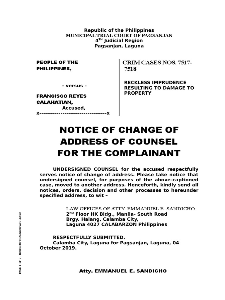 Notice of Change of Address of Counsel | PDF | Public Sphere | Government