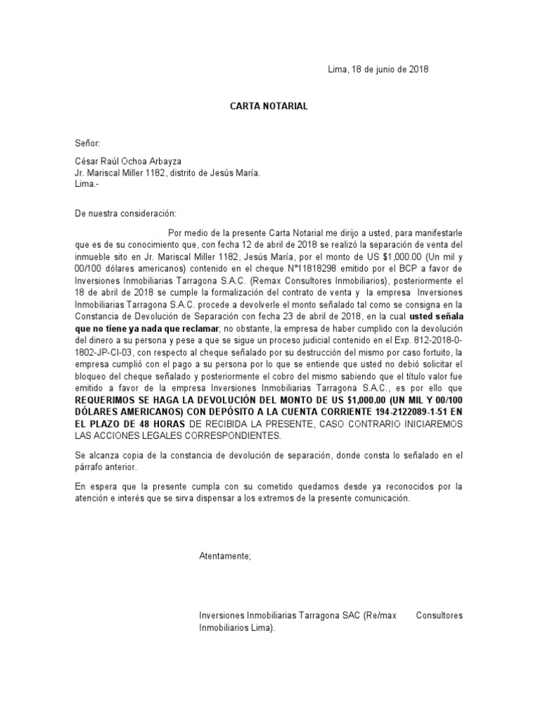 Carta Notarial Requerimiento de Pago