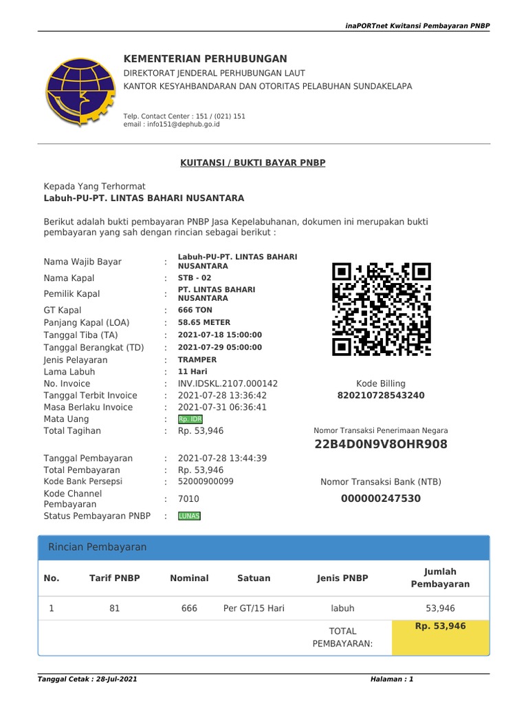 Kwitansi Pembayaran PNBP untuk Kapal STB-02 milik PT. Lintas Bahari Nusantara yang Melabuhi ...