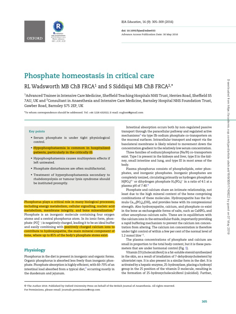 Phosphate Homeostasis in Critical Care: RL Wadsworth MB CHB Frca and S ...