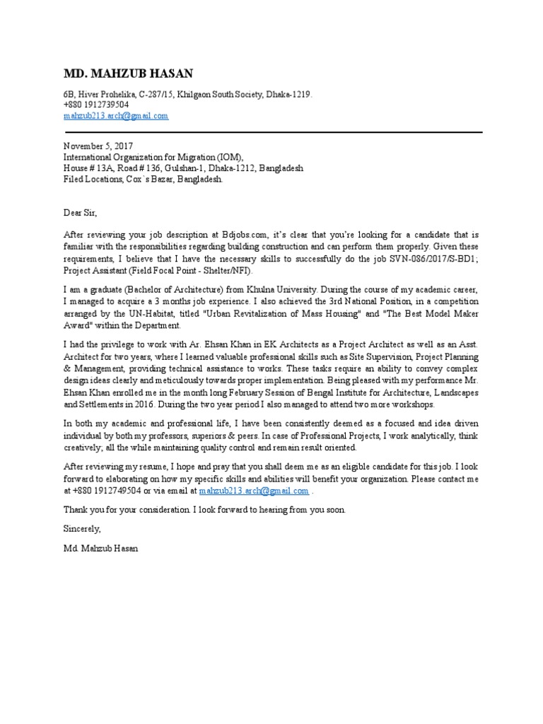 Cover Letter for IOM Project Assistant | PDF