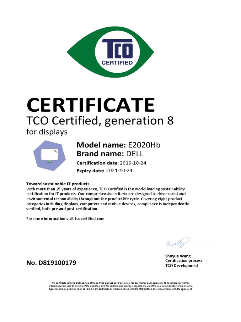 Dell 20 Monitor - E2020h Tco Certification | PDF | Business | Computers
