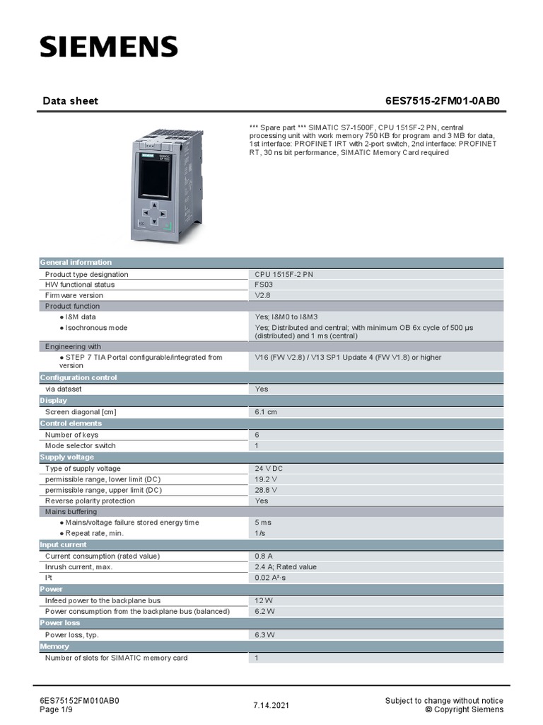 Data Sheet 6ES7515-2FM01-0AB0: General Information | PDF | Computing ...