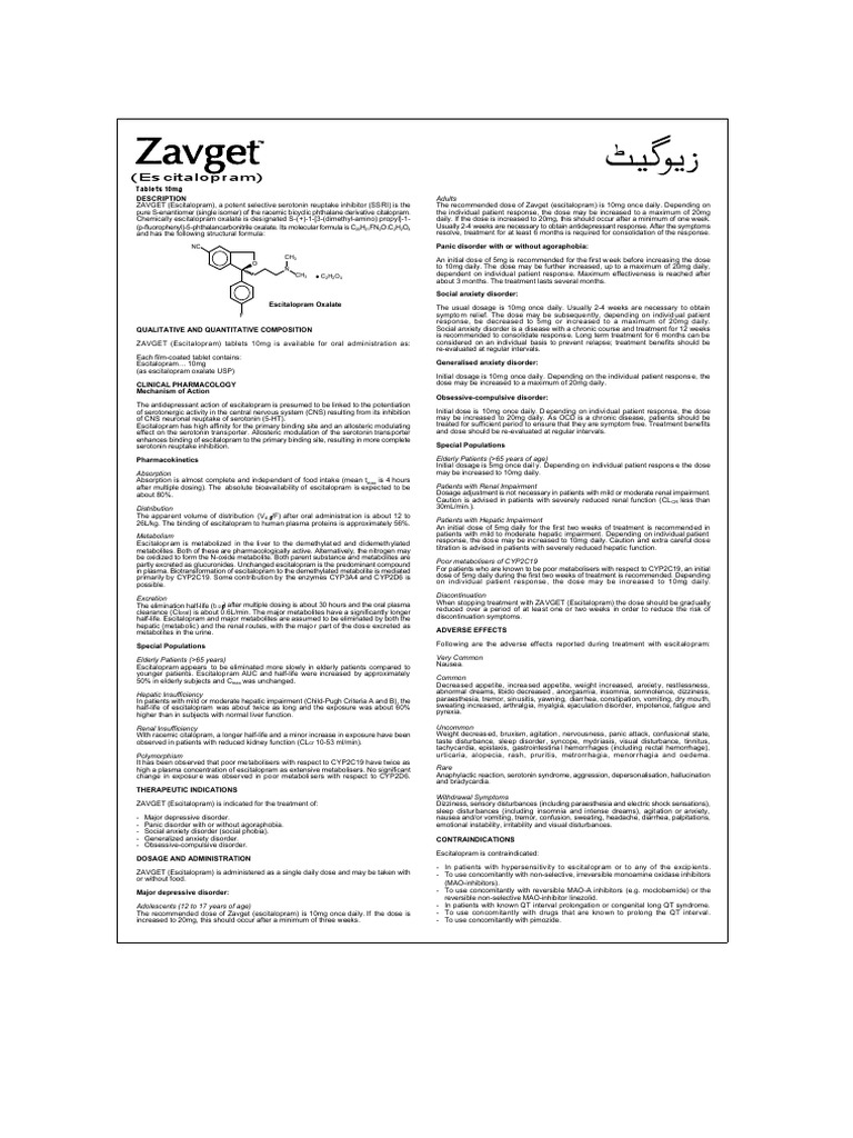 Escitalopram (ZAVGET) Overview and Dosage | PDF | Selective Serotonin ...